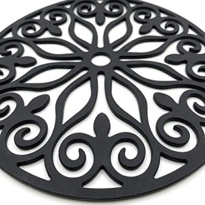 3 Set Silicone Trivet Mats With 1 Extra Large Included | Intricately Carved Insulated Flexible Durable Non Slip Thick Round Premium Trivets for Hot pots and pans | Black