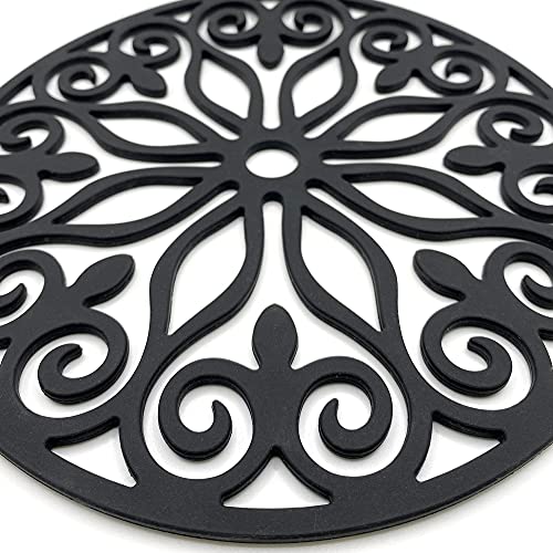 3 Set Silicone Trivet Mats With 1 Extra Large Included | Intricately Carved Insulated Flexible Durable Non Slip Thick Round Premium Trivets for Hot pots and pans | Black