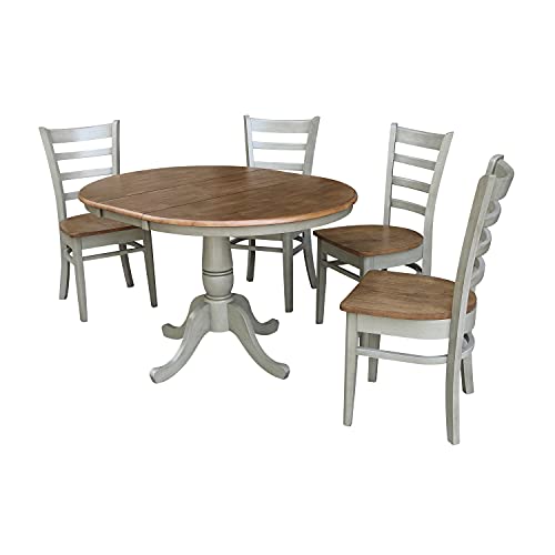 IC International Concepts 36" Round Extension Table with 4 Emily Chairs-Set of 5 Piece Dining Sets, Distressed Hickory/Stone