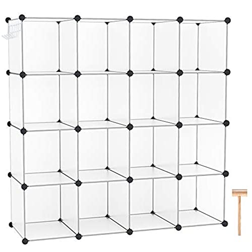 C&AHOME Cube Storage Organizer, 16-Cube Shelves Units, Closet Cabinet, DIY Plastic Modular Book Shelf, Ideal for Bedroom, Living Room, Office, 48.4" L × 12.4" W × 48.4" H Transparent White