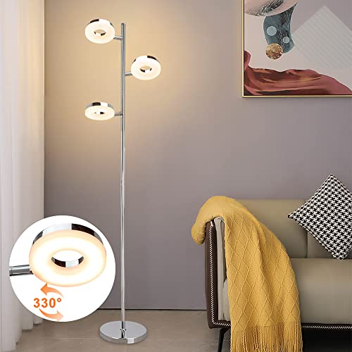 DINGLILIGHTING DLLT Modern 3-Light LED Floor Lamp, Indoor Standing Light with Adjustable Head, Contemporary Tall Pole Tree Corner Lamp, Craft Spotlight Lamps for Living Room, Bedroom, Office, Silver