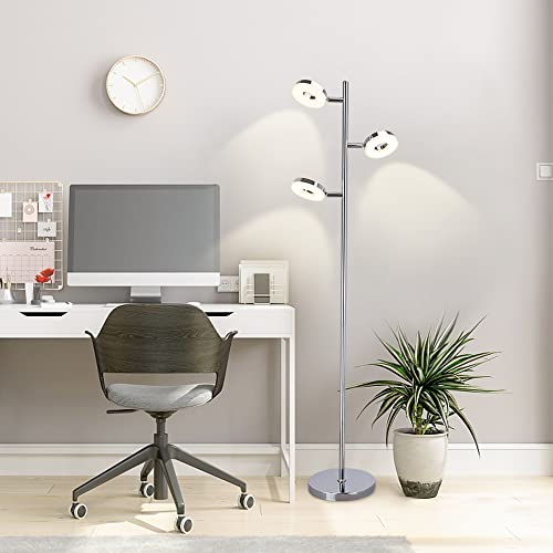 DINGLILIGHTING DLLT Modern 3-Light LED Floor Lamp, Indoor Standing Light with Adjustable Head, Contemporary Tall Pole Tree Corner Lamp, Craft Spotlight Lamps for Living Room, Bedroom, Office, Silver