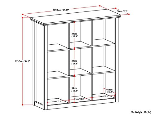 SIMPLIHOME Artisan SOLID WOOD 45 inch x 43 inch Transitional 9 Cube Bookcase and Storage Unit in Distressed Grey with 9 Shelves, for the Living Room, Study and Office