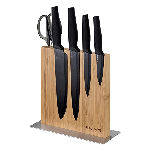 Navaris Wood Magnetic Knife Block - Double Sided Wooden Magnet Holder Board Stand for Kitchen Knives, Scissors, Metal Utensils - Bamboo, 8.9 x 8.7 in