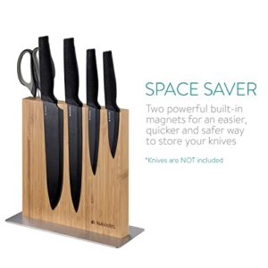 Navaris Wood Magnetic Knife Block - Double Sided Wooden Magnet Holder Board Stand for Kitchen Knives, Scissors, Metal Utensils - Bamboo, 8.9 x 8.7 in