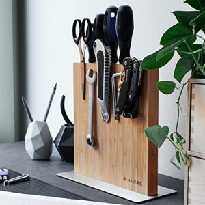 Navaris Wood Magnetic Knife Block - Double Sided Wooden Magnet Holder Board Stand for Kitchen Knives, Scissors, Metal Utensils - Bamboo, 8.9 x 8.7 in