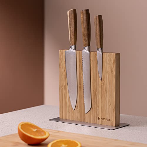 Navaris Wood Magnetic Knife Block - Double Sided Wooden Magnet Holder Board Stand for Kitchen Knives, Scissors, Metal Utensils - Bamboo, 8.9 x 8.7 in