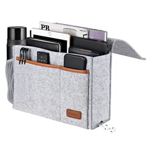 bedside caddy, felt bed storage organizer hanging bag holder with 5 pockets, magazine book phone tablet ipad cables remote and water bottle holder for home dorm bed sofa, light gray