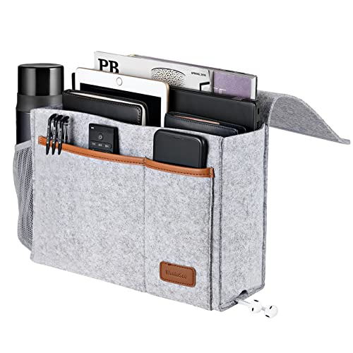 Bedside Caddy, Felt Bed Storage Organizer Hanging Bag Holder with 5 Pockets, Magazine Book Phone Tablet iPad Cables Remote and Water Bottle Holder for Home Dorm Bed Sofa, Light Gray