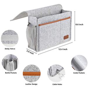 Bedside Caddy, Felt Bed Storage Organizer Hanging Bag Holder with 5 Pockets, Magazine Book Phone Tablet iPad Cables Remote and Water Bottle Holder for Home Dorm Bed Sofa, Light Gray