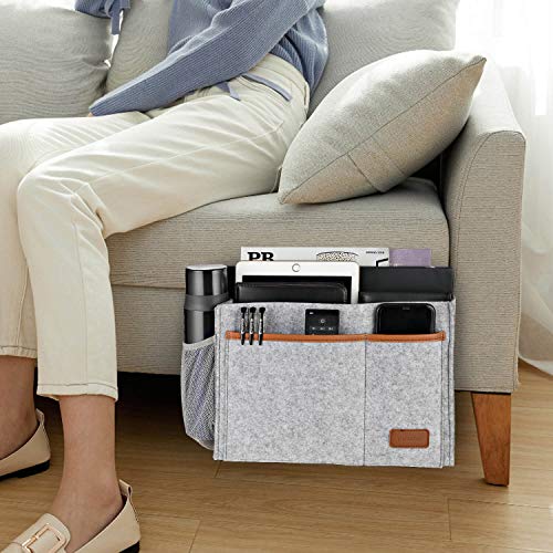 Bedside Caddy, Felt Bed Storage Organizer Hanging Bag Holder with 5 Pockets, Magazine Book Phone Tablet iPad Cables Remote and Water Bottle Holder for Home Dorm Bed Sofa, Light Gray