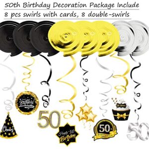 50th Birthday Decoration Ceiling Hanging Swirls(16 Pcs), Happy 50th Birthday Party Silver Black Gold Foil Swirl Streamers, Birthday Party Supplies