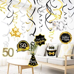 50th Birthday Decoration Ceiling Hanging Swirls(16 Pcs), Happy 50th Birthday Party Silver Black Gold Foil Swirl Streamers, Birthday Party Supplies