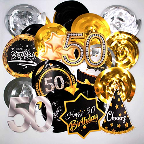 50th Birthday Decoration Ceiling Hanging Swirls(16 Pcs), Happy 50th Birthday Party Silver Black Gold Foil Swirl Streamers, Birthday Party Supplies