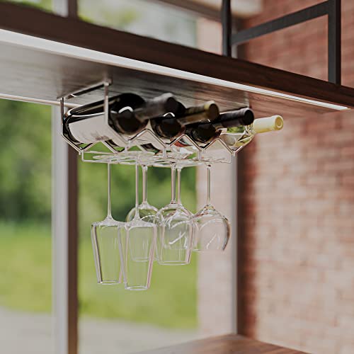 Wallniture Piccola Under Cabinet Wine Rack & Glasses Holder Kitchen Organization with 4 Bottle Organizer Metal Chrome