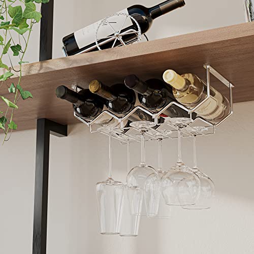 Wallniture Piccola Under Cabinet Wine Rack & Glasses Holder Kitchen Organization with 4 Bottle Organizer Metal Chrome