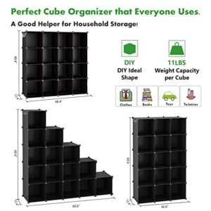 C&AHOME Cube Storage Organizer, 16-Cube Shelves Units, Closet Cabinet, DIY Plastic Modular Book Shelf, Ideal for Bedroom, Living Room, Office, 48.4" L × 12.4" W × 48.4" H Black