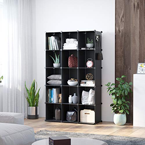 C&AHOME Cube Storage Organizer, 16-Cube Shelves Units, Closet Cabinet, DIY Plastic Modular Book Shelf, Ideal for Bedroom, Living Room, Office, 48.4" L × 12.4" W × 48.4" H Black