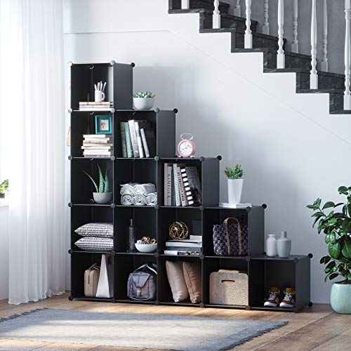 C&AHOME Cube Storage Organizer, 16-Cube Shelves Units, Closet Cabinet, DIY Plastic Modular Book Shelf, Ideal for Bedroom, Living Room, Office, 48.4" L × 12.4" W × 48.4" H Black