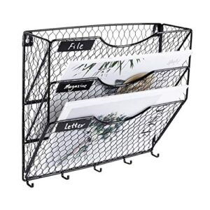 superbpag hanging mail sorter organizer 3-tier metal chicken wire wall mount magazine literature rack with key holder, black