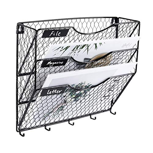 Superbpag Hanging Mail Sorter Organizer 3-Tier Metal Chicken Wire Wall Mount Magazine Literature Rack with Key Holder, Black