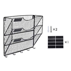 Superbpag Hanging Mail Sorter Organizer 3-Tier Metal Chicken Wire Wall Mount Magazine Literature Rack with Key Holder, Black