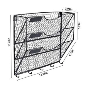 Superbpag Hanging Mail Sorter Organizer 3-Tier Metal Chicken Wire Wall Mount Magazine Literature Rack with Key Holder, Black