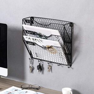 Superbpag Hanging Mail Sorter Organizer 3-Tier Metal Chicken Wire Wall Mount Magazine Literature Rack with Key Holder, Black