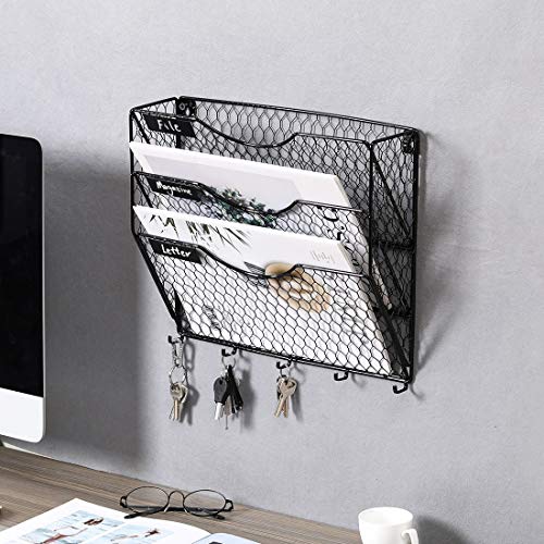 Superbpag Hanging Mail Sorter Organizer 3-Tier Metal Chicken Wire Wall Mount Magazine Literature Rack with Key Holder, Black