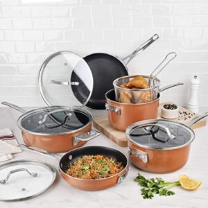 gotham steel stackmaster pots & pans set – stackable 10 piece cookware set saves 30% space, ultra nonstick cast texture coating, includes fry pans,, saucepans, stock pots and more – dishwasher safe