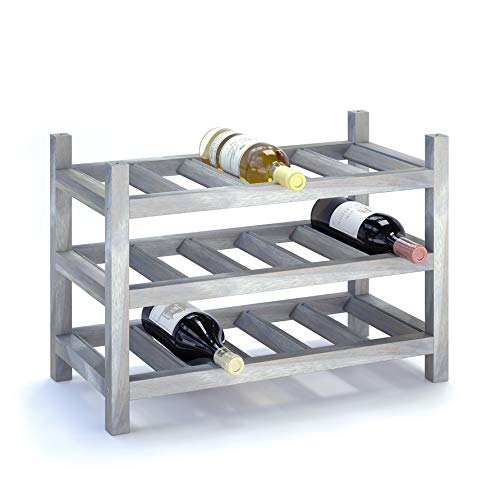 INTERBUILD Solid Hardwood Wine Rack Storage Shelf 3-Tier Stackable Freestanding Wine Bottle Holder 15 Bottles, Dusk Gray