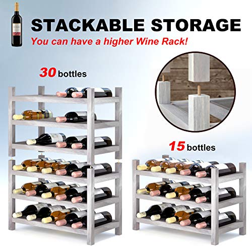 INTERBUILD Solid Hardwood Wine Rack Storage Shelf 3-Tier Stackable Freestanding Wine Bottle Holder 15 Bottles, Dusk Gray