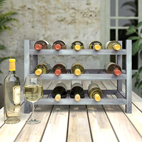 INTERBUILD Solid Hardwood Wine Rack Storage Shelf 3-Tier Stackable Freestanding Wine Bottle Holder 15 Bottles, Dusk Gray