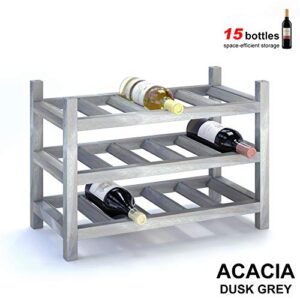 INTERBUILD Solid Hardwood Wine Rack Storage Shelf 3-Tier Stackable Freestanding Wine Bottle Holder 15 Bottles, Dusk Gray