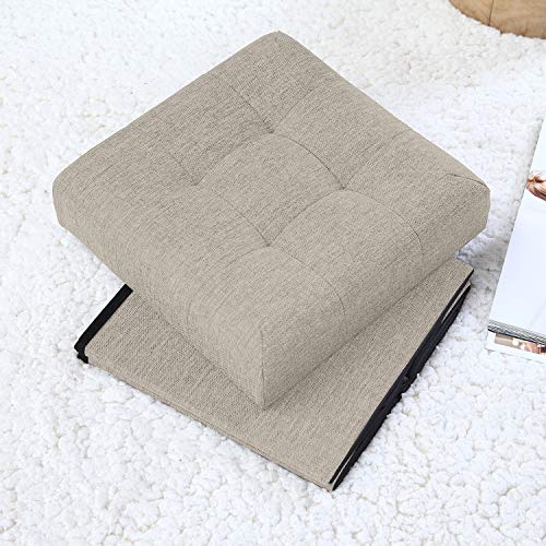 Ornavo Home Foldable Tufted Linen Storage Ottoman Square Cube Foot Rest Stool/Seat - 15" x 15" x 15" (Beige)