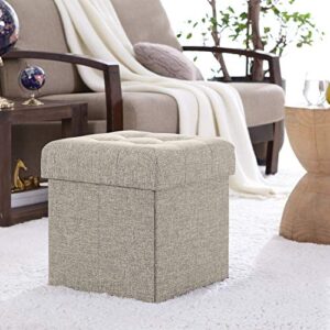 Ornavo Home Foldable Tufted Linen Storage Ottoman Square Cube Foot Rest Stool/Seat - 15" x 15" x 15" (Beige)