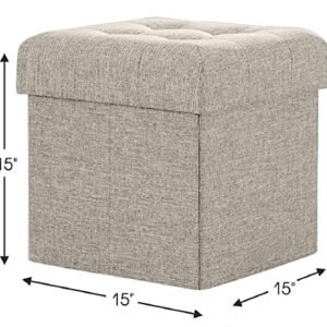 Ornavo Home Foldable Tufted Linen Storage Ottoman Square Cube Foot Rest Stool/Seat - 15" x 15" x 15" (Beige)