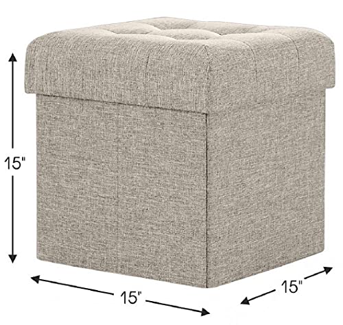 Ornavo Home Foldable Tufted Linen Storage Ottoman Square Cube Foot Rest Stool/Seat - 15" x 15" x 15" (Beige)