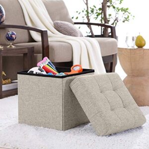 Ornavo Home Foldable Tufted Linen Storage Ottoman Square Cube Foot Rest Stool/Seat - 15" x 15" x 15" (Beige)