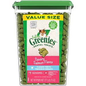 feline greenies adult dental cat treats, savory salmon flavor, 9.75 oz. tub