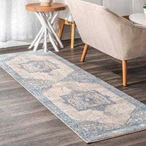 nuloom harriet vintage medallion fringe runner rug, 2' 6" x 6', light blue