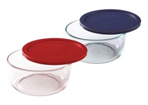 pyrex storage 7 cup round dish, clear with red + blue plastic lids, pack of 2 containers