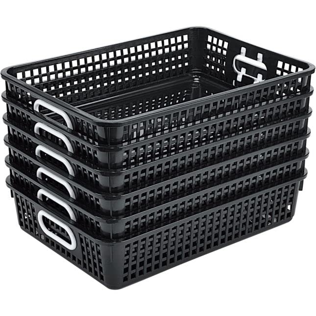 Really Good Stuff 6PK Plastic Desktop Paper Storage Basket for Classroom or Home–14”x10” Plastic Mesh Basket-Secure Papers Crease-Free–Black