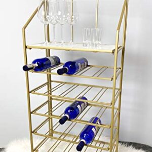 Designstyles 25 Wine Bottle Holder - Decorative Mini Bar Stand with Marble Table Top - Gold Metal Free Standing Home Wine Rack Organizer for Storage and Display in Kitchen, Pantry