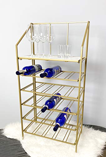 Designstyles 25 Wine Bottle Holder - Decorative Mini Bar Stand with Marble Table Top - Gold Metal Free Standing Home Wine Rack Organizer for Storage and Display in Kitchen, Pantry