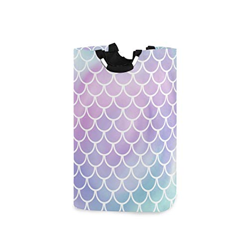 Blueangle Large Violet And Blue Mermaid Scales Laundry Basket Collapsible Oxford Fabric Laundry Hamper Foldable Clothes Laundry Bag with Handles