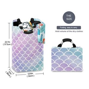 Blueangle Large Violet And Blue Mermaid Scales Laundry Basket Collapsible Oxford Fabric Laundry Hamper Foldable Clothes Laundry Bag with Handles