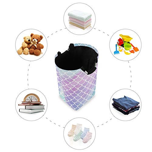 Blueangle Large Violet And Blue Mermaid Scales Laundry Basket Collapsible Oxford Fabric Laundry Hamper Foldable Clothes Laundry Bag with Handles