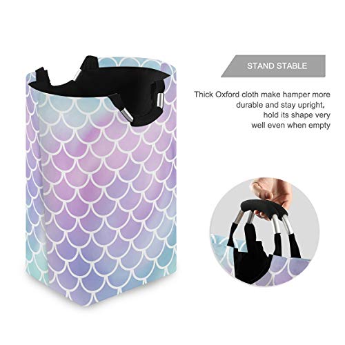 Blueangle Large Violet And Blue Mermaid Scales Laundry Basket Collapsible Oxford Fabric Laundry Hamper Foldable Clothes Laundry Bag with Handles