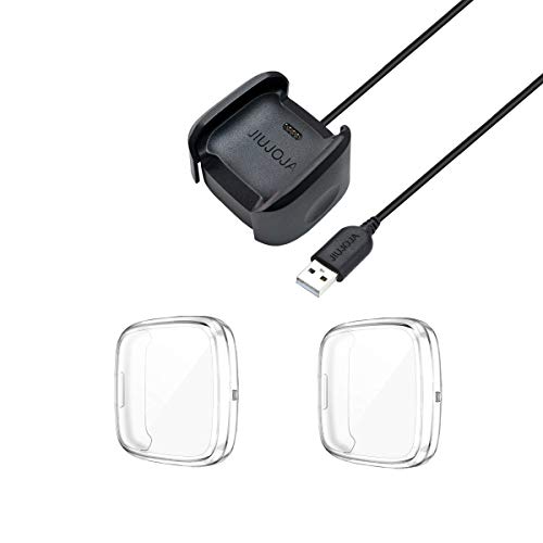 Replacement Charger Dock Compatible with Fitbit Versa 2 Charger, Charging Cradle Stand Cable and 2Pcs Full Cover Case Screen Protector, Soft Plated TPU Case for Versa 2 Smart Watch